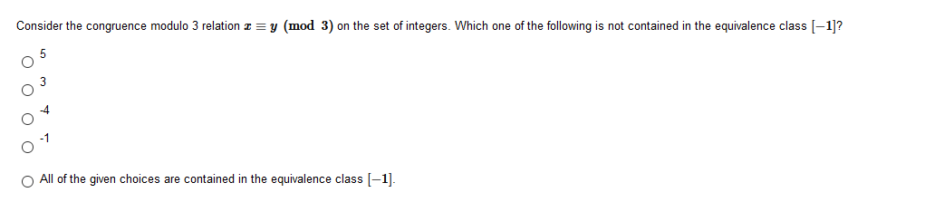 Solved Consider the congruence modulo 3 relation I =y (mod | Chegg.com