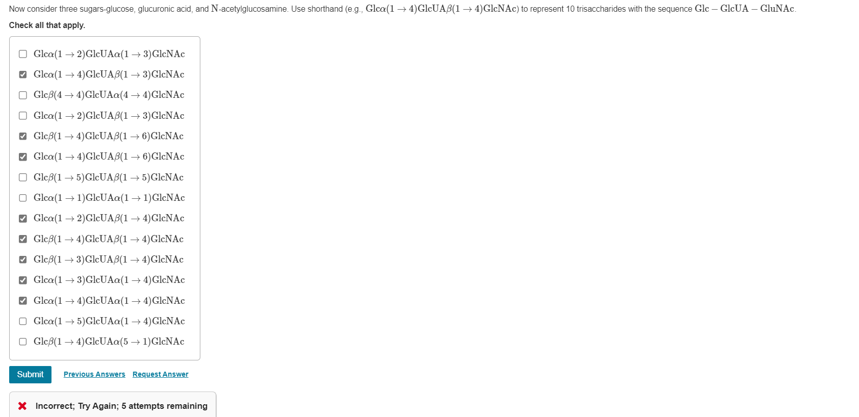 Solved Check all that apply. Glc α(1→2)GlcUAα(1→3)GlcNAc Glc | Chegg.com