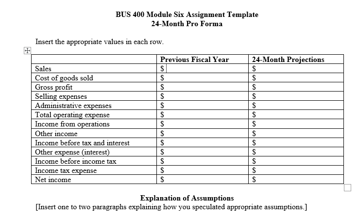 BUS 400 Module Six Assignment Template 24-Month Pro | Chegg.com