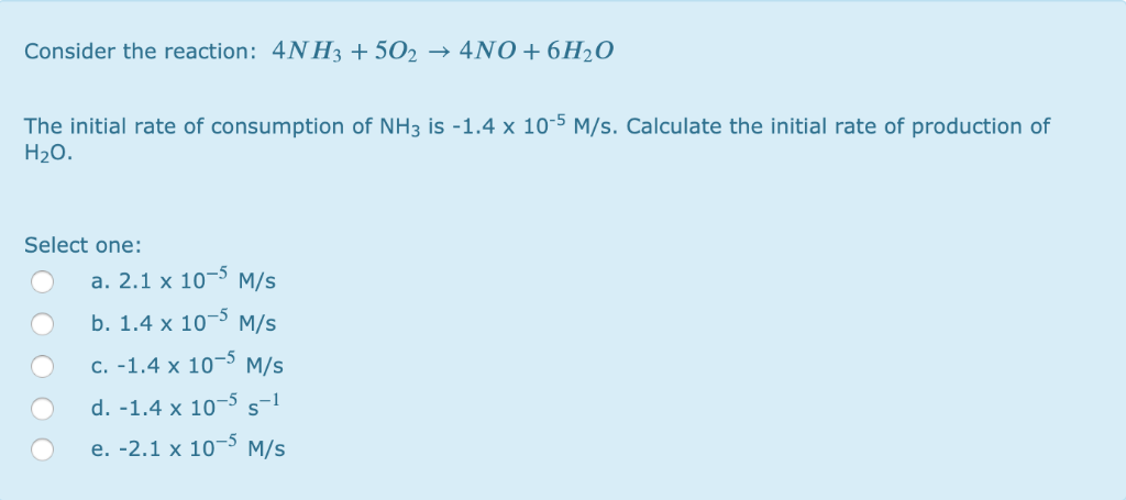 Solved Consider the reaction: 4NH3 +502 4NO +6H20 The | Chegg.com