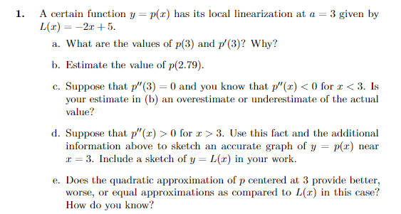 Solved A certain function y=p(x) has its local linearization | Chegg.com