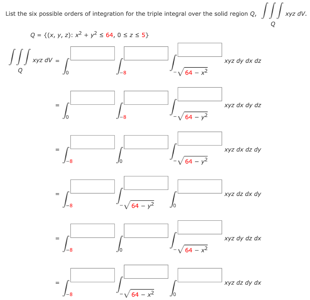 Solved List the six possible orders of integration for the | Chegg.com