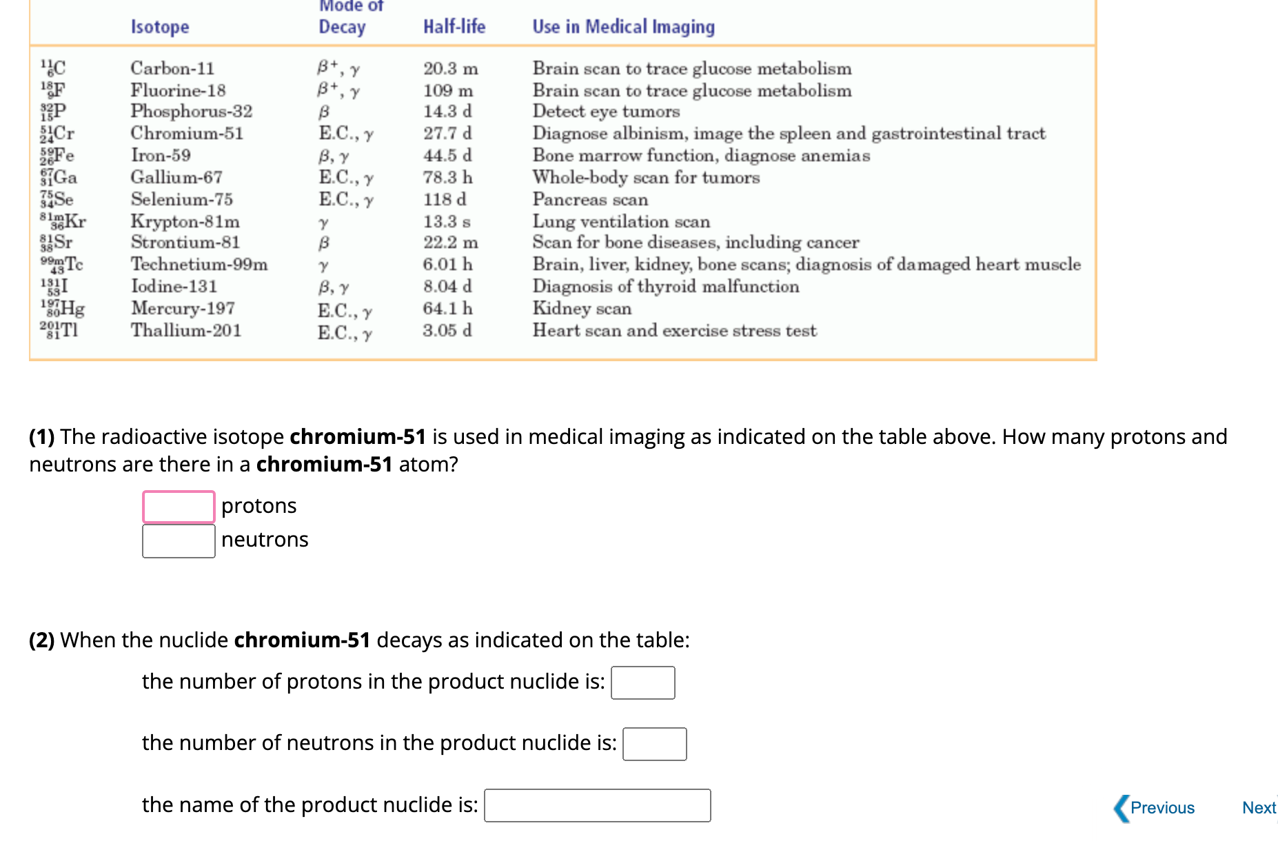 Solved (1) The radioactive isotope chromium-51 is used in | Chegg.com