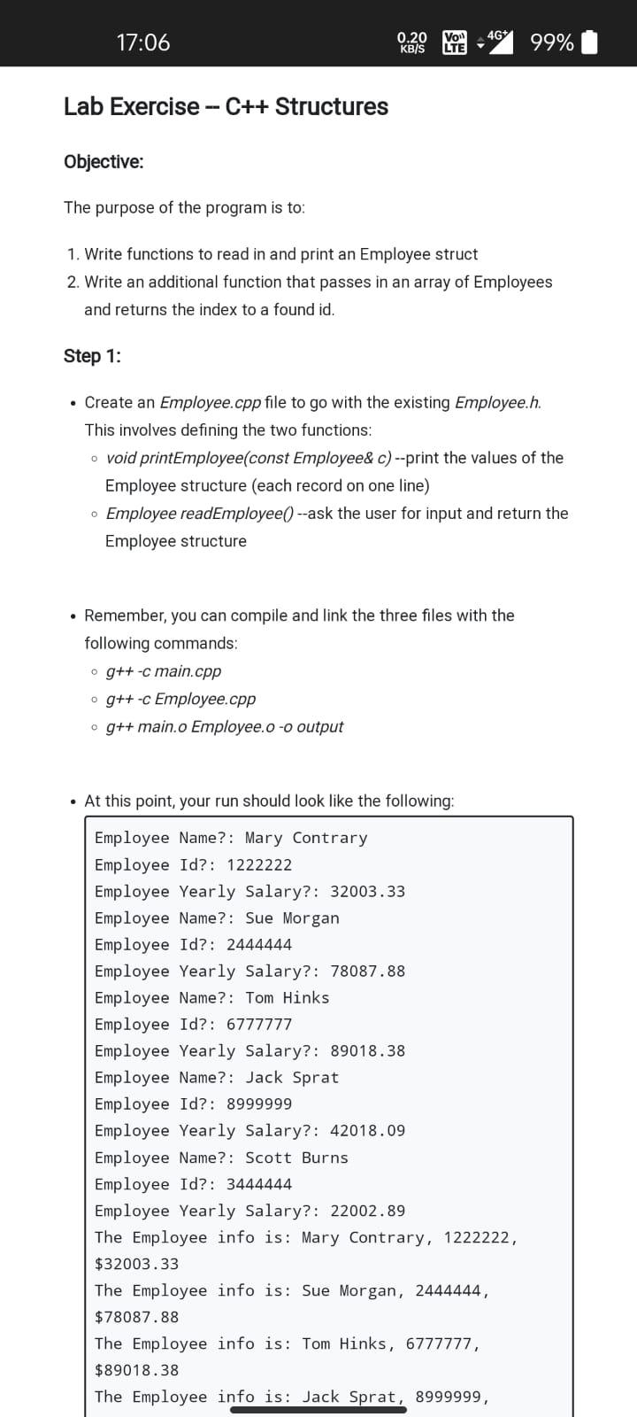 Solved 4G+ 17:06 0.20 KB/S 99% LTE Lab Exercise -- C++ | Chegg.com