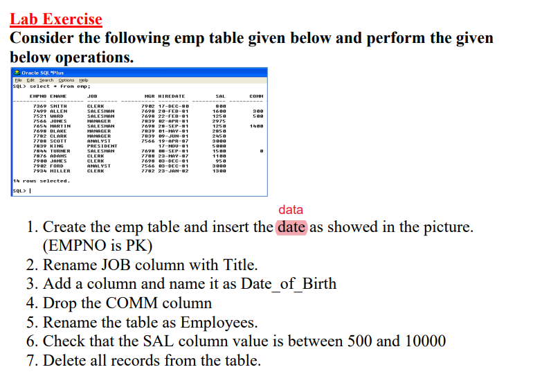 Solved Lab Exercise Consider the following emp table given | Chegg.com