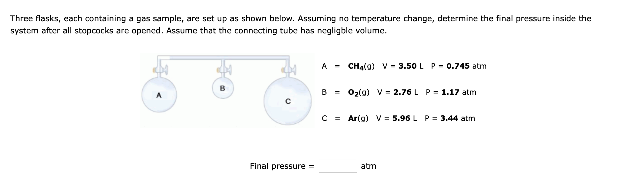 Solved Three flasks, each containing a gas sample, are set | Chegg.com