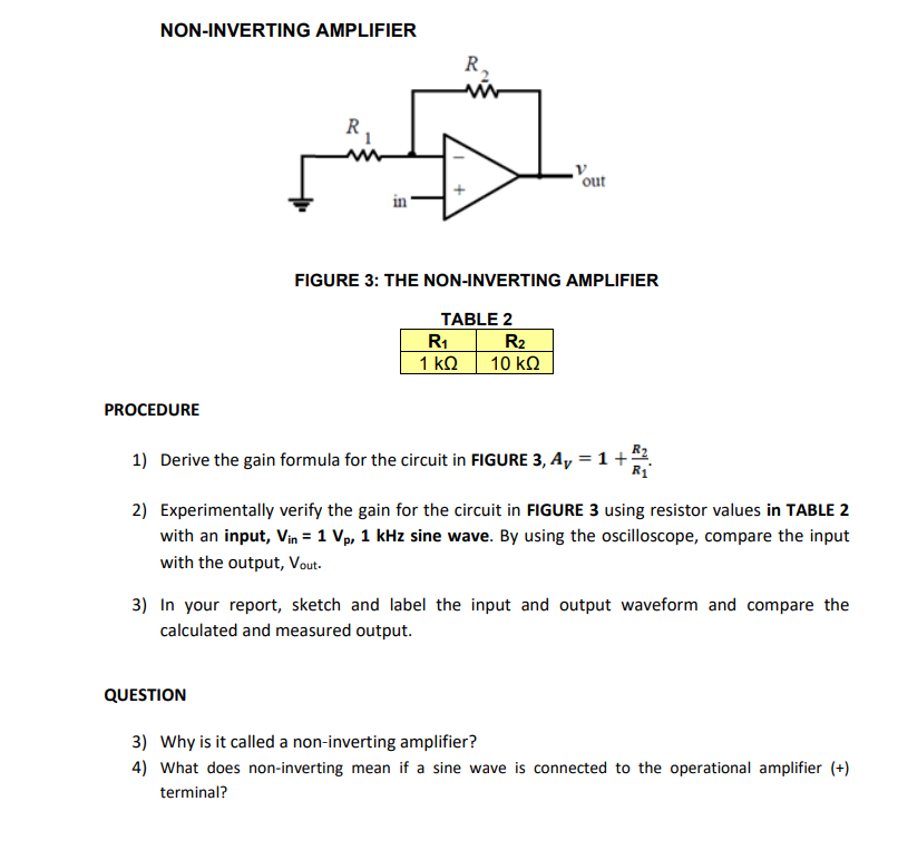 Solved NON-INVERTING AMPLIFIER R2 out FIGURE 3: THE | Chegg.com