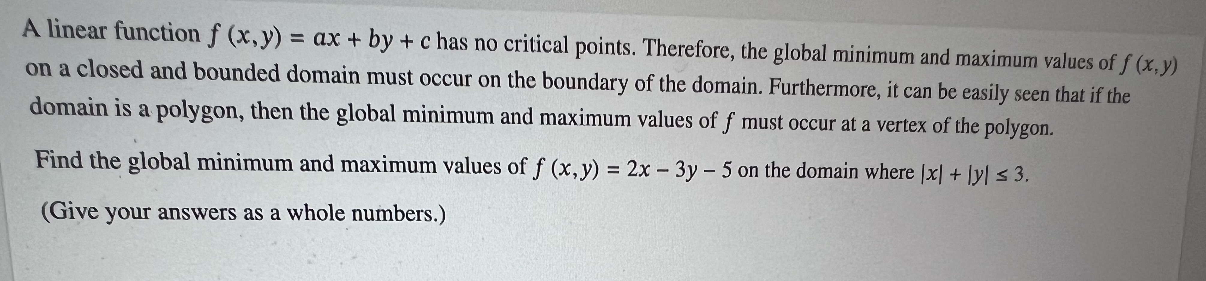Solved A linear function f(x,y)=ax+by+c has no critical | Chegg.com