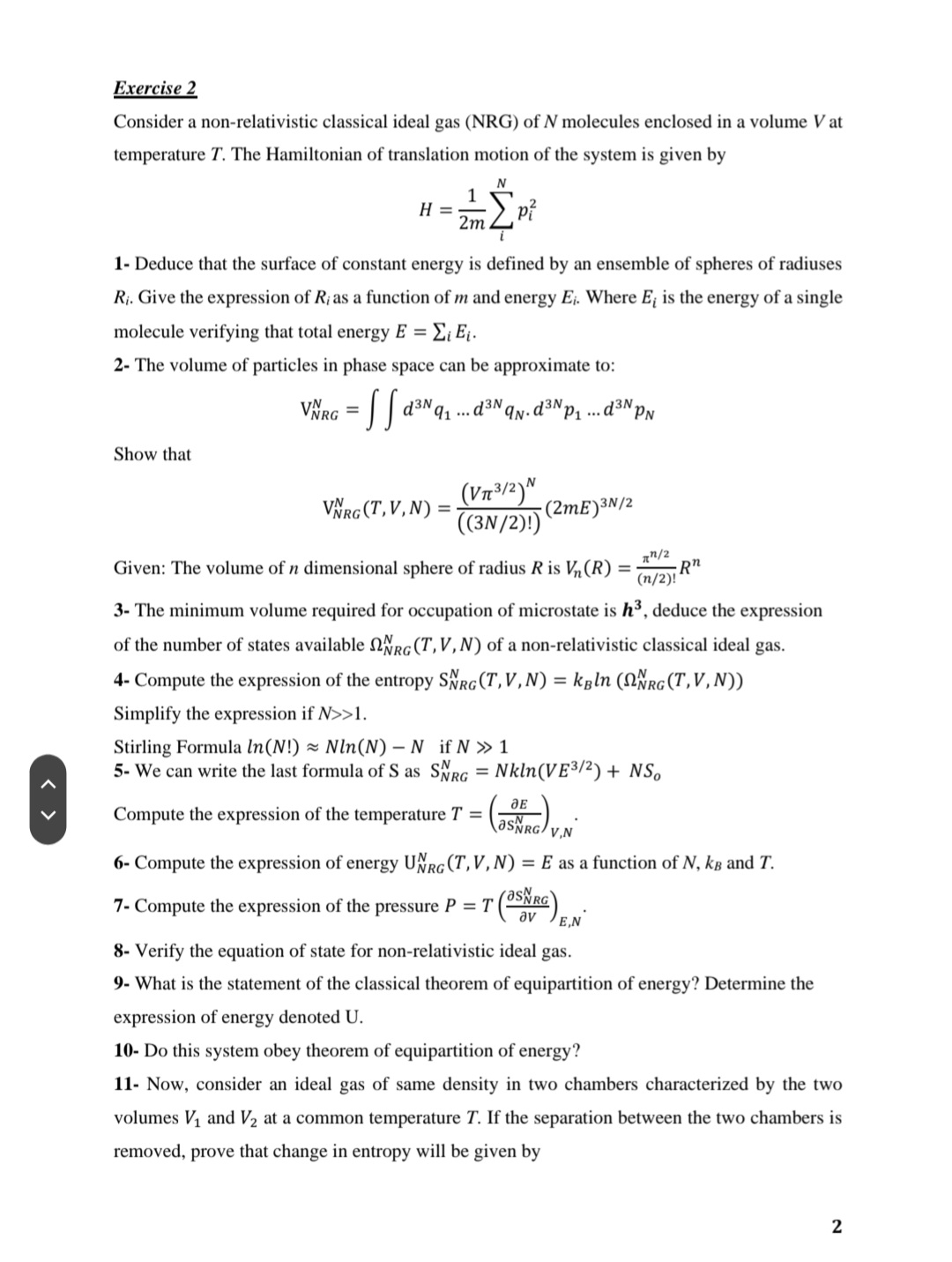 Solved Exercise 2Consider a non-relativistic classical ideal | Chegg.com