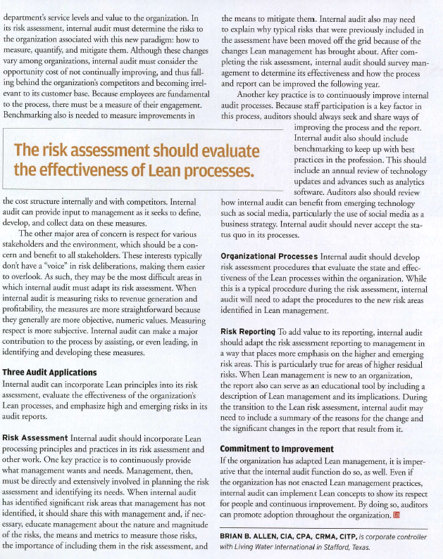 LEAN RISK ASSESSMENTS Emphasizing management's needs | Chegg.com