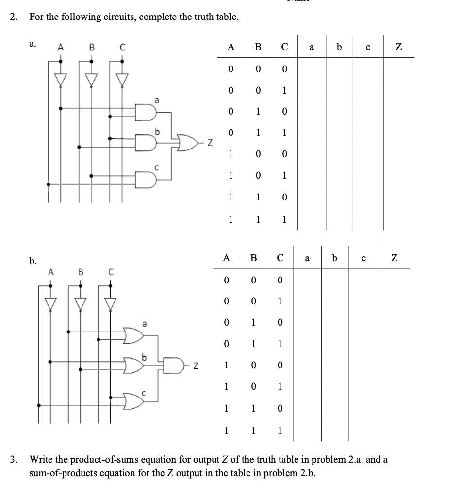 Solved 2. For the following circuits, complete the truth | Chegg.com