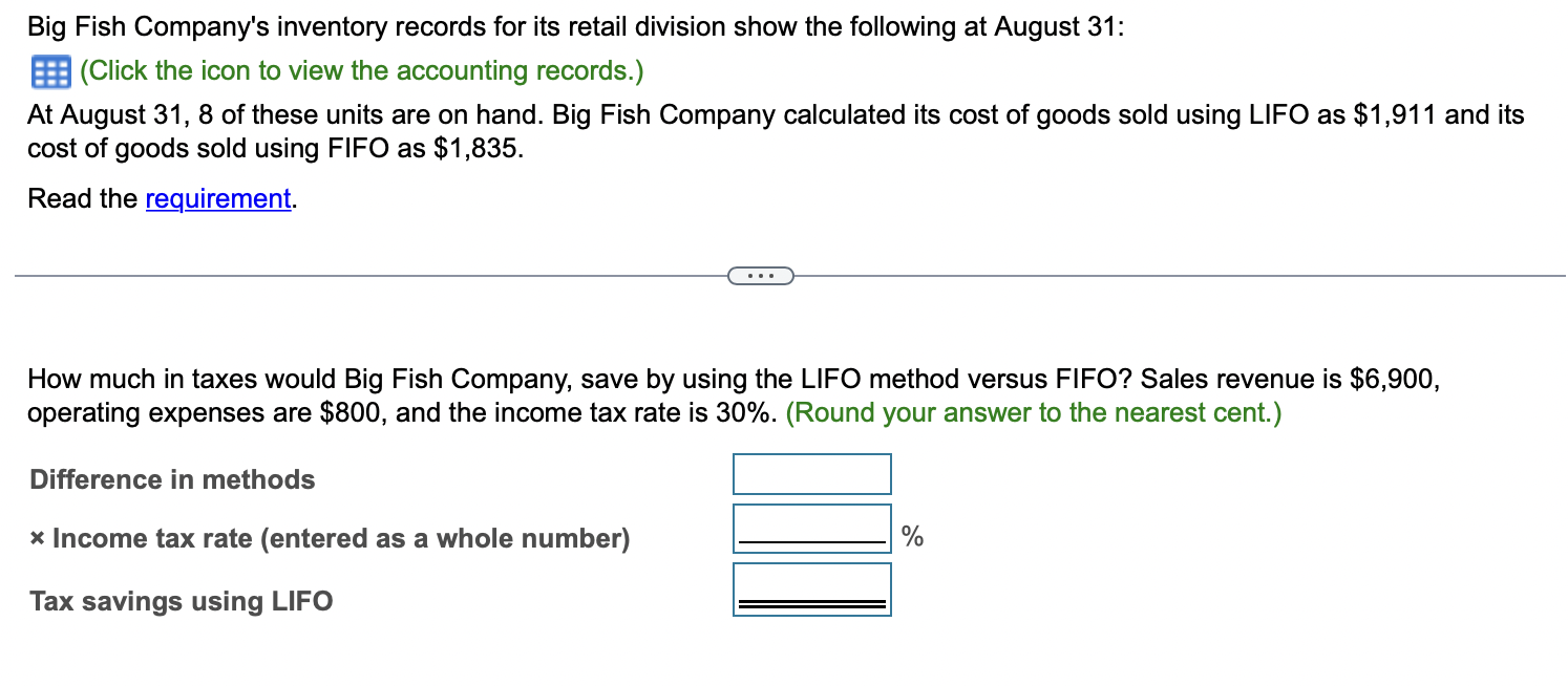 Solved Big Fish Company's inventory records for its retail | Chegg.com
