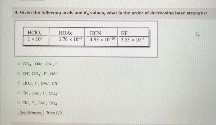 Solved 4. Given the following acids and Ka values, what is | Chegg.com