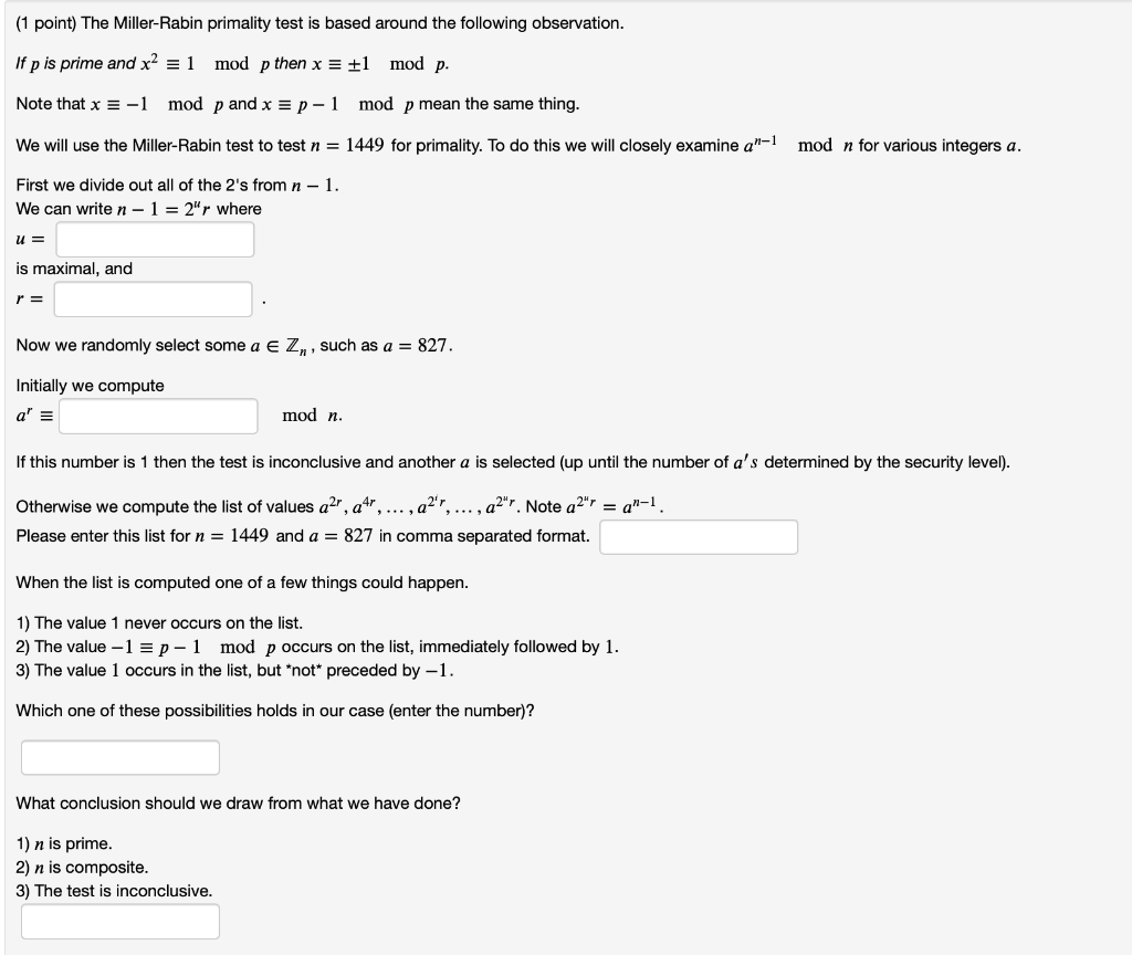 Solved (1 point) The Miller-Rabin primality test is based | Chegg.com