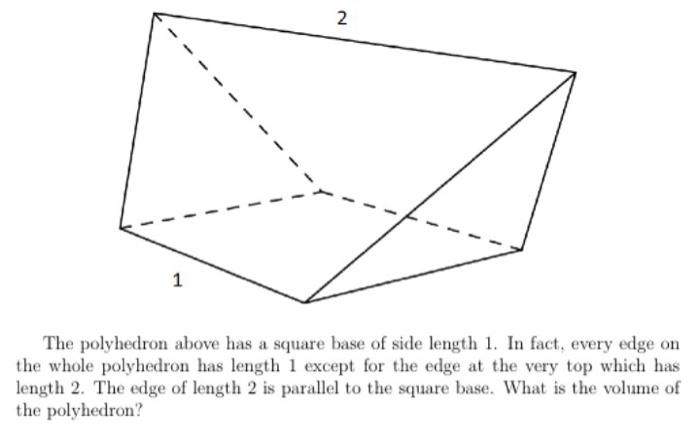 Solved the polyhedron above has a square base of length 1. | Chegg.com