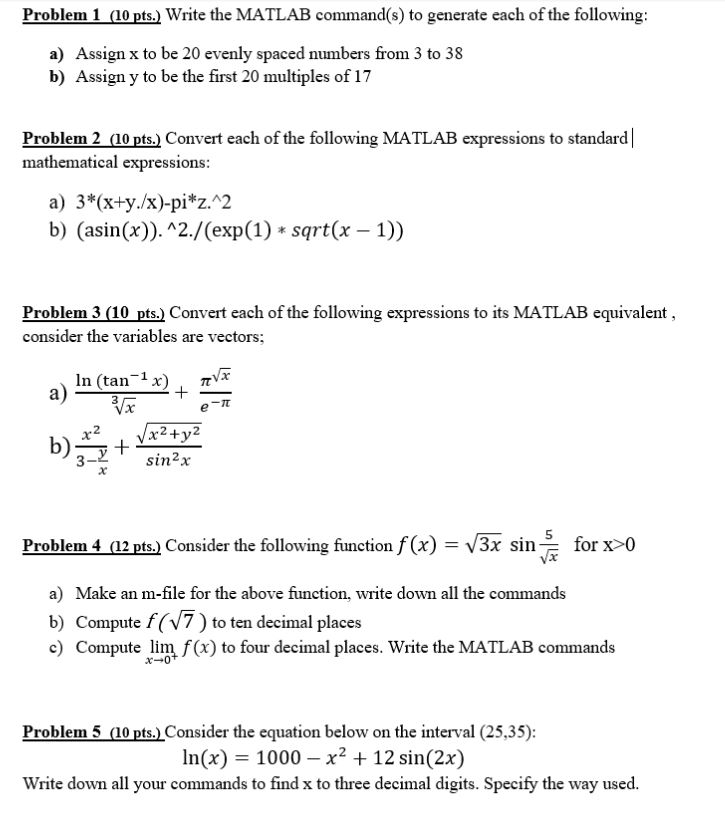 Problem 1 10 Pts Write The Matlab Commands To 0912