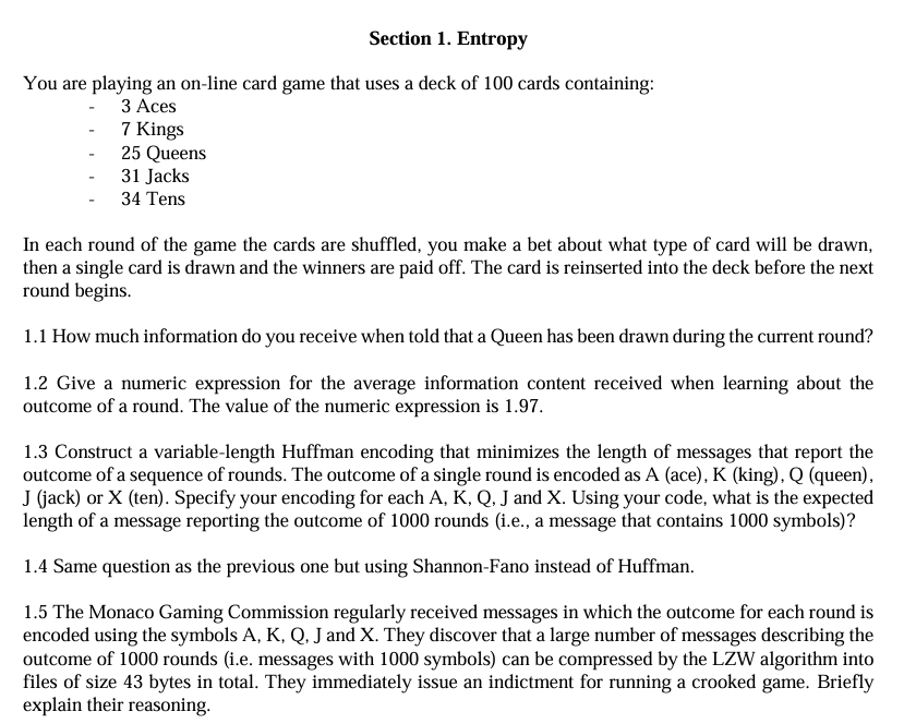 Solved Section 1. ﻿EntropyYou are playing an on-line card | Chegg.com