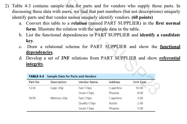 Solved 2) Table 4-3 contains sample data for parts and for | Chegg.com