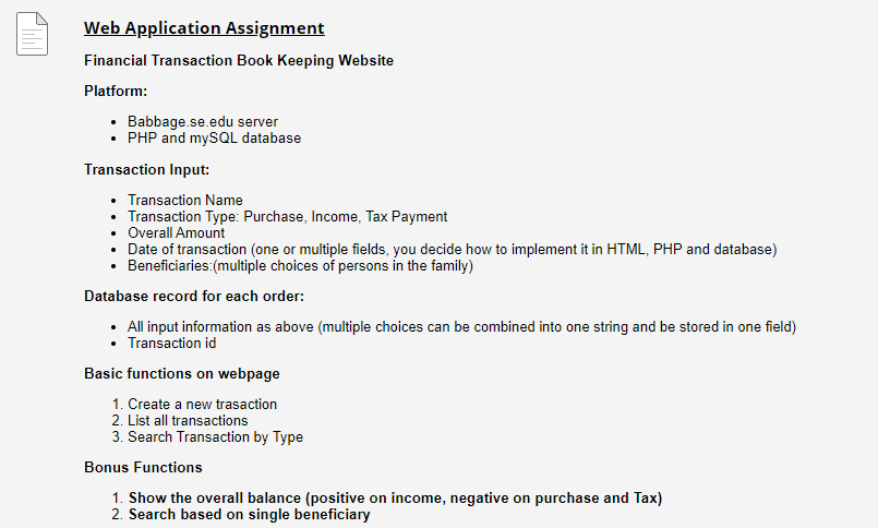 Solved Web Application Assignment Financial Transaction Book | Chegg.com