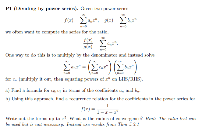 Solved P1 (Dividing by power series). Given two power series | Chegg.com