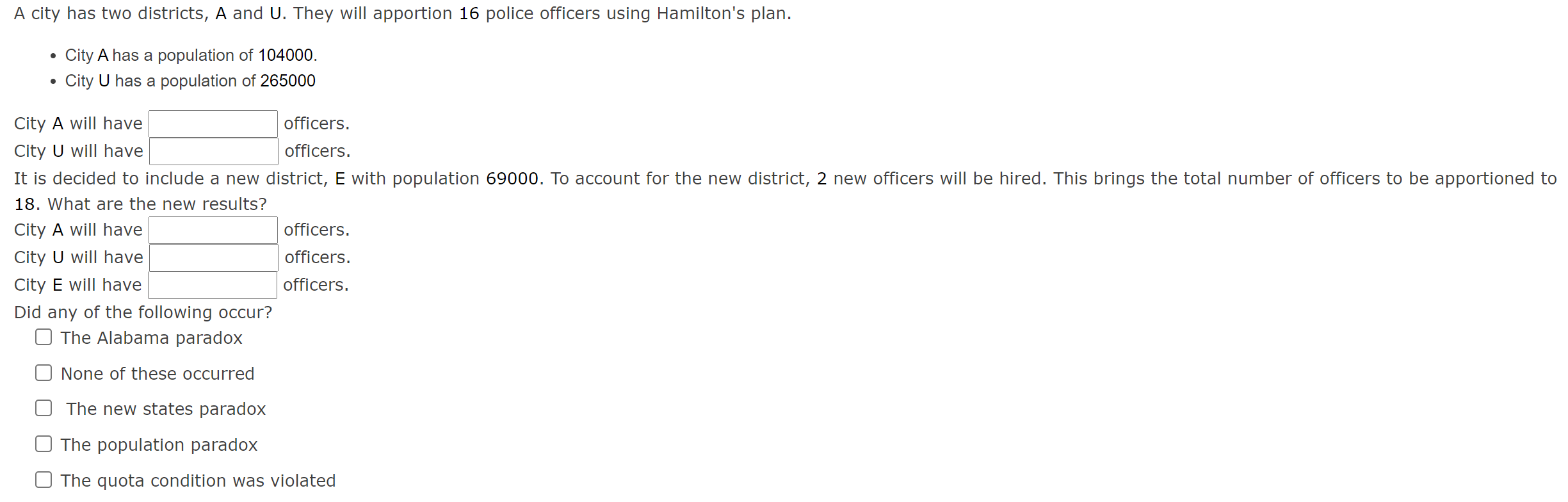 A city has two districts, A and U. They will | Chegg.com