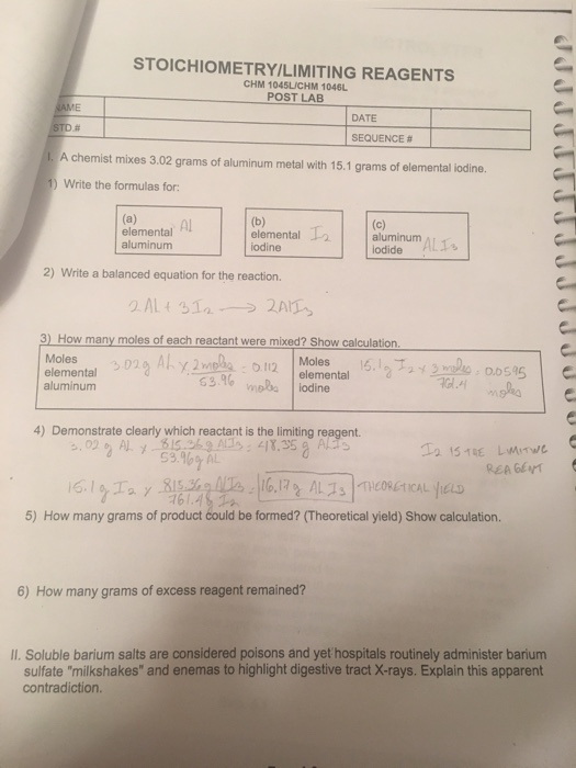Solved STOICHIOMETRY/LIMITING REAGENTS CHM 1045LICHM 1046L | Chegg.com