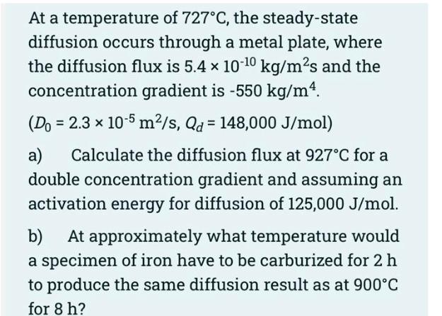 Solved At a temperature of 727∘C, the steady-state diffusion | Chegg.com