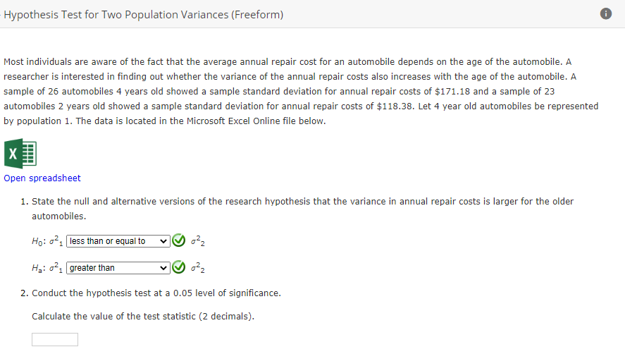 Solved Hypothesis Test for Two Population Variances | Chegg.com