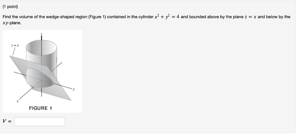 Solved 1 point) Find the volume of the wedge-shaped region | Chegg.com