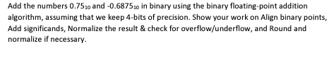 Solved Add the numbers 0.7510 and −0.687510 in binary using | Chegg.com