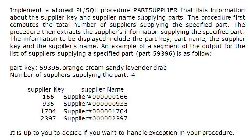 Solved Implement a stored PL/SQL procedure PARTSUPPLIER that | Chegg.com