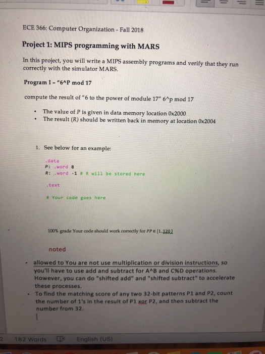 Solved ECE 366: Computer Organization - Fall 2018 Project 1: | Chegg.com