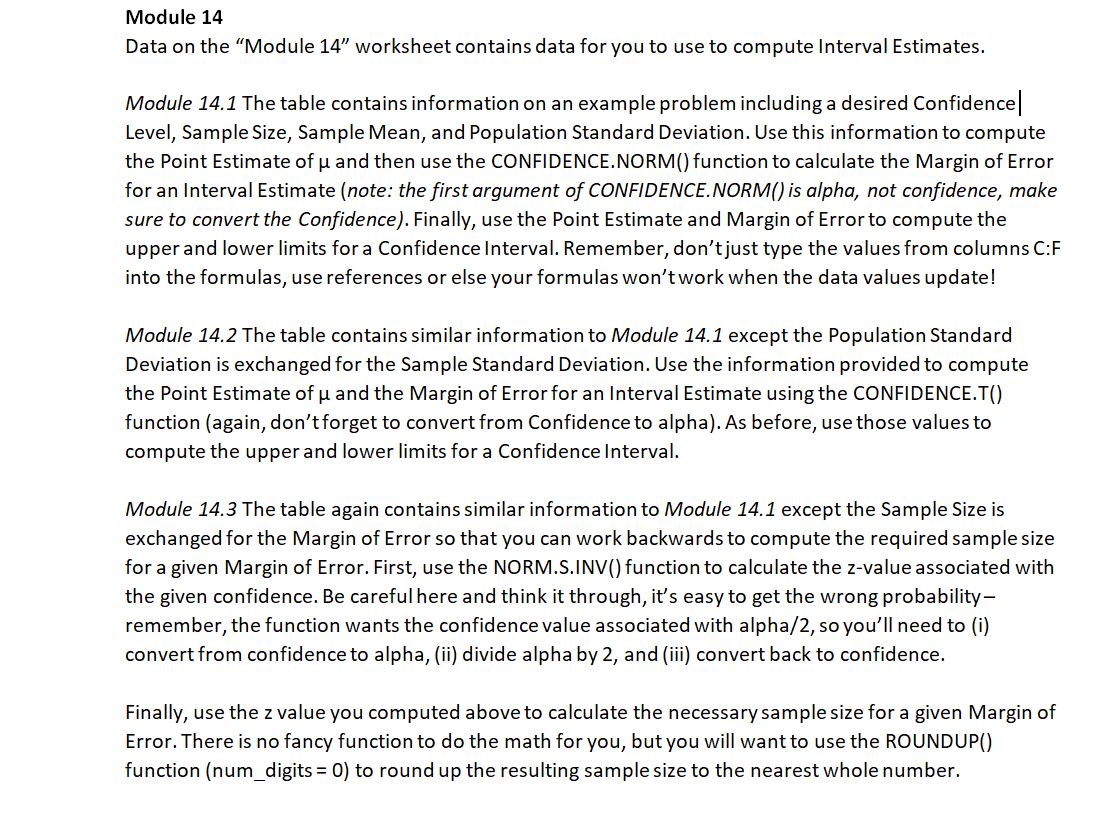 Solved Module 14 Data on the "Module 14" worksheet contains | Chegg.com