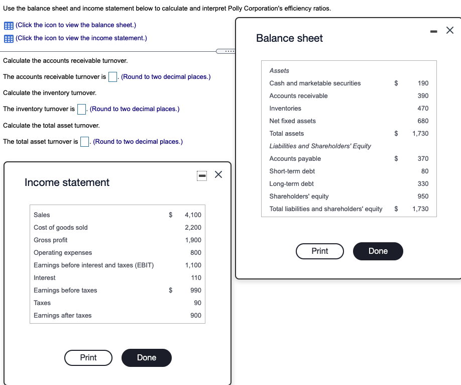 Solved Use the balance sheet and income statement below to | Chegg.com
