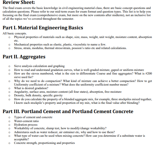 Solved Review Sheet: The final exam covers the basic | Chegg.com