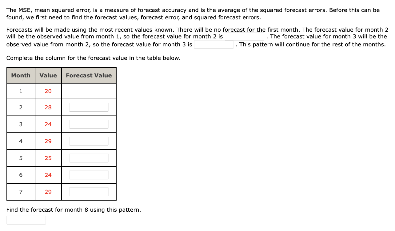Solved The Mse Mean Squared Error Is A Measure Of Forecast