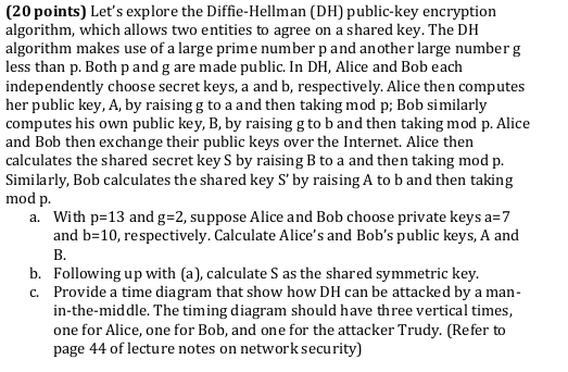 Solved (20 points) Let's explore the Diffie-Hellman (DH) | Chegg.com