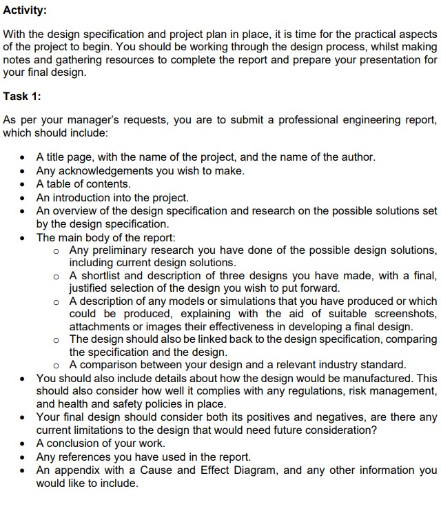 Solved Activity: With the design specification and project | Chegg.com