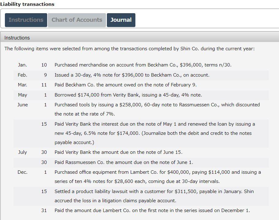 Solved Liability transactions Instructions Chart of Accounts | Chegg.com