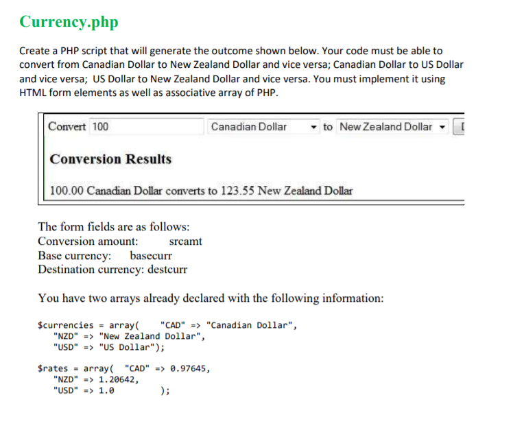 Solved Currency.php Create a PHP script that will generate | Chegg.com