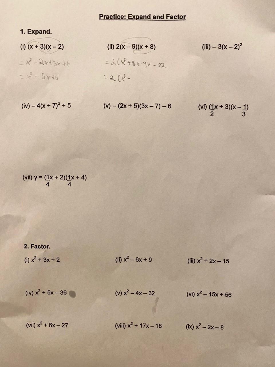 Solved Practice: Expand and Factor 1. Expand. (i) (x + 3)(x | Chegg.com