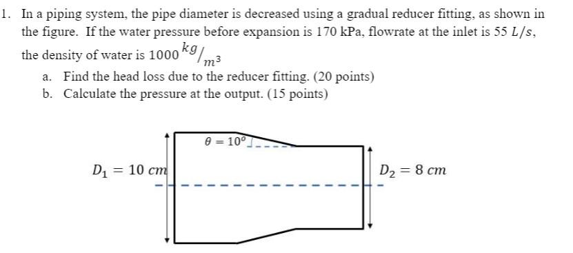 Solved 1. In a piping system, the pipe diameter is decreased | Chegg.com