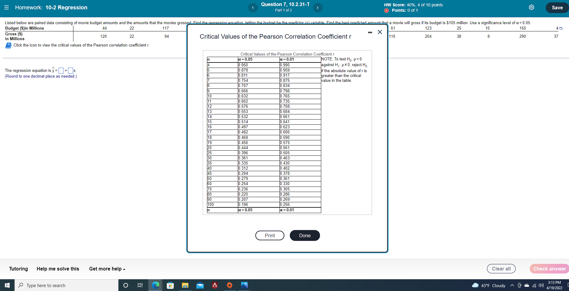 Solved = Homework: 10-2 Regression Question 7, 10.2.31-T | Chegg.com