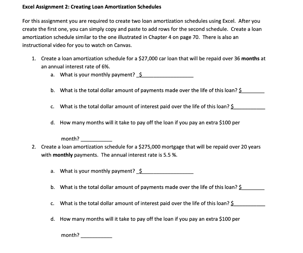 Solved Excel Assignment 2: Creating Loan Amortization | Chegg.com