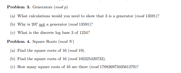 Solved Problem 3. Generators ( modp ) (a) What calculations | Chegg.com