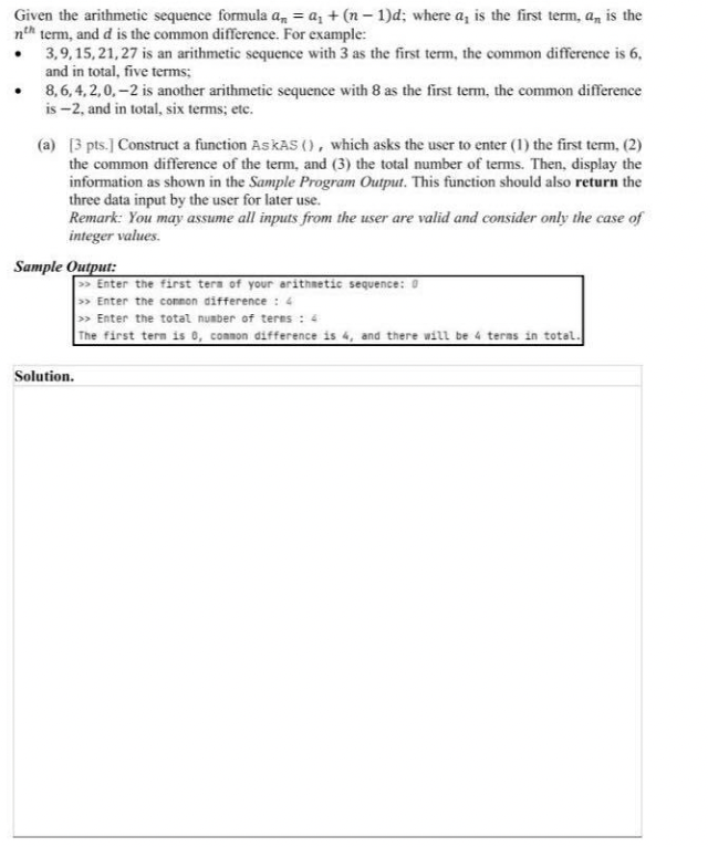 Solved Given the arithmetic sequence formula an=a1+(n−1)d; | Chegg.com