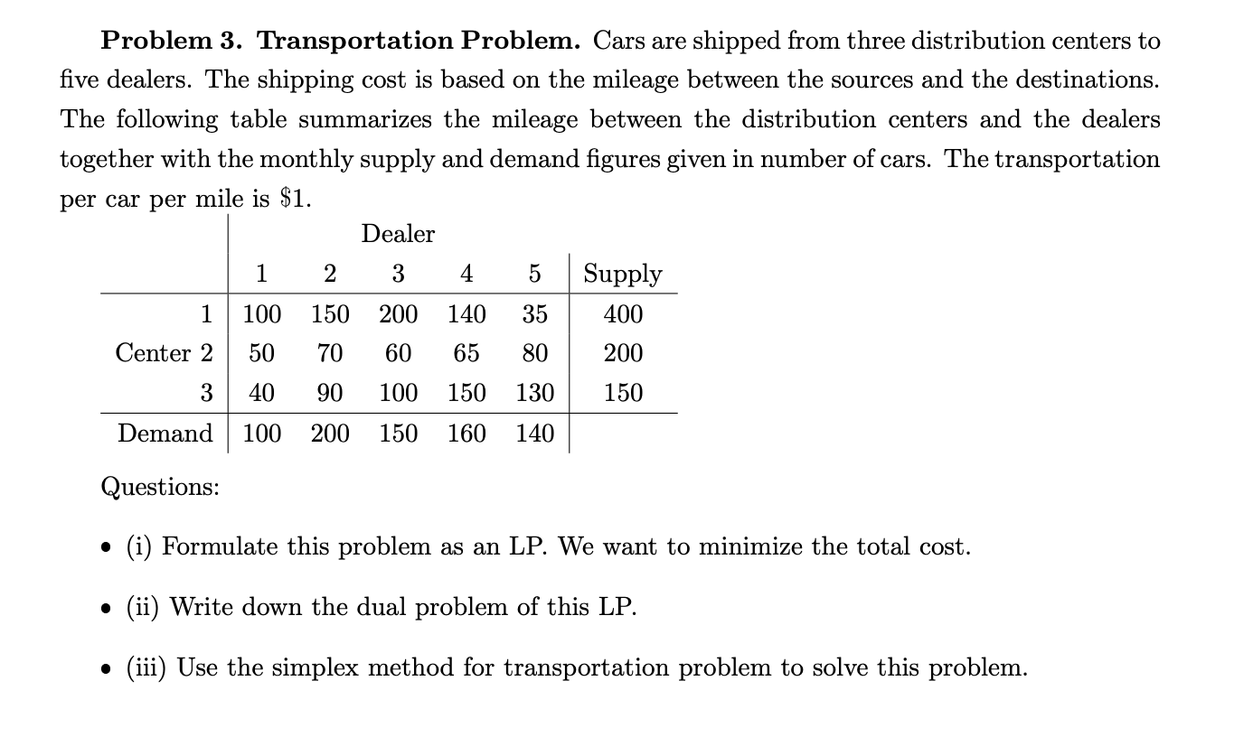 Solved Problem 3. Transportation Problem. Cars are shipped | Chegg.com