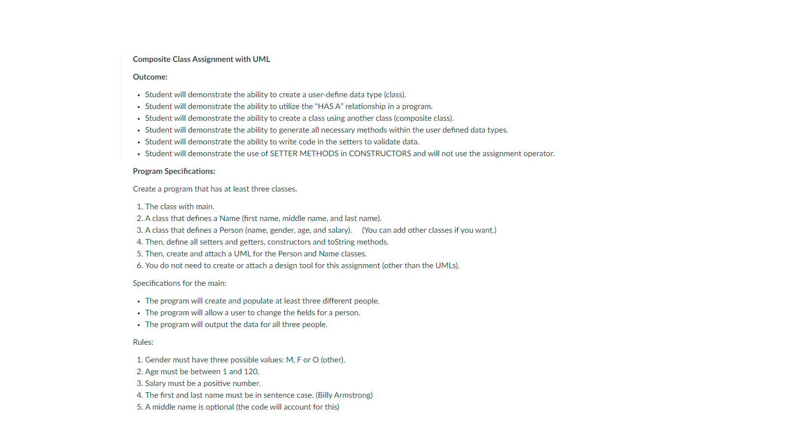 Solved Composite Class Assignment with UML Outcome: • | Chegg.com