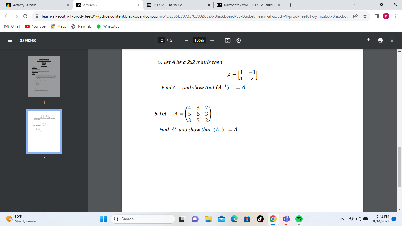 Solved 5. Let A be a 2x2 matrix then 𝐴 = [ 1 −1 1 2 ] Find | Chegg.com