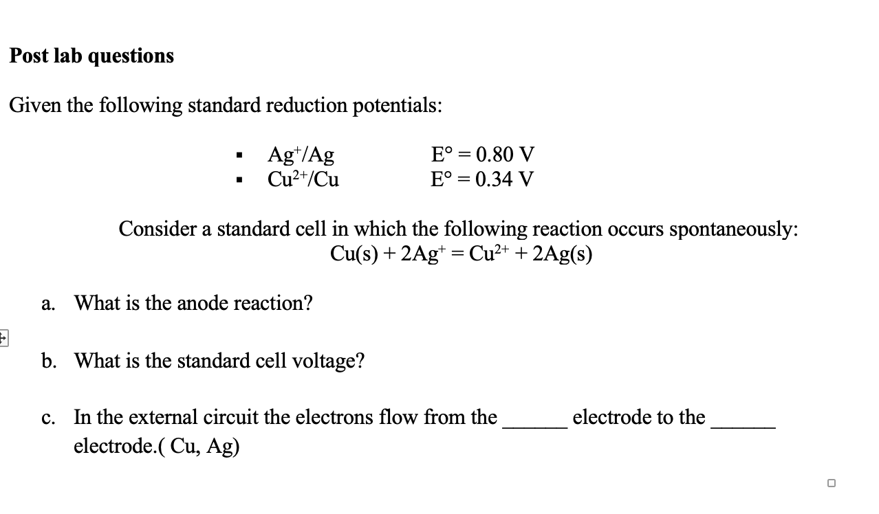 Solved Post lab questions Given the following standard | Chegg.com